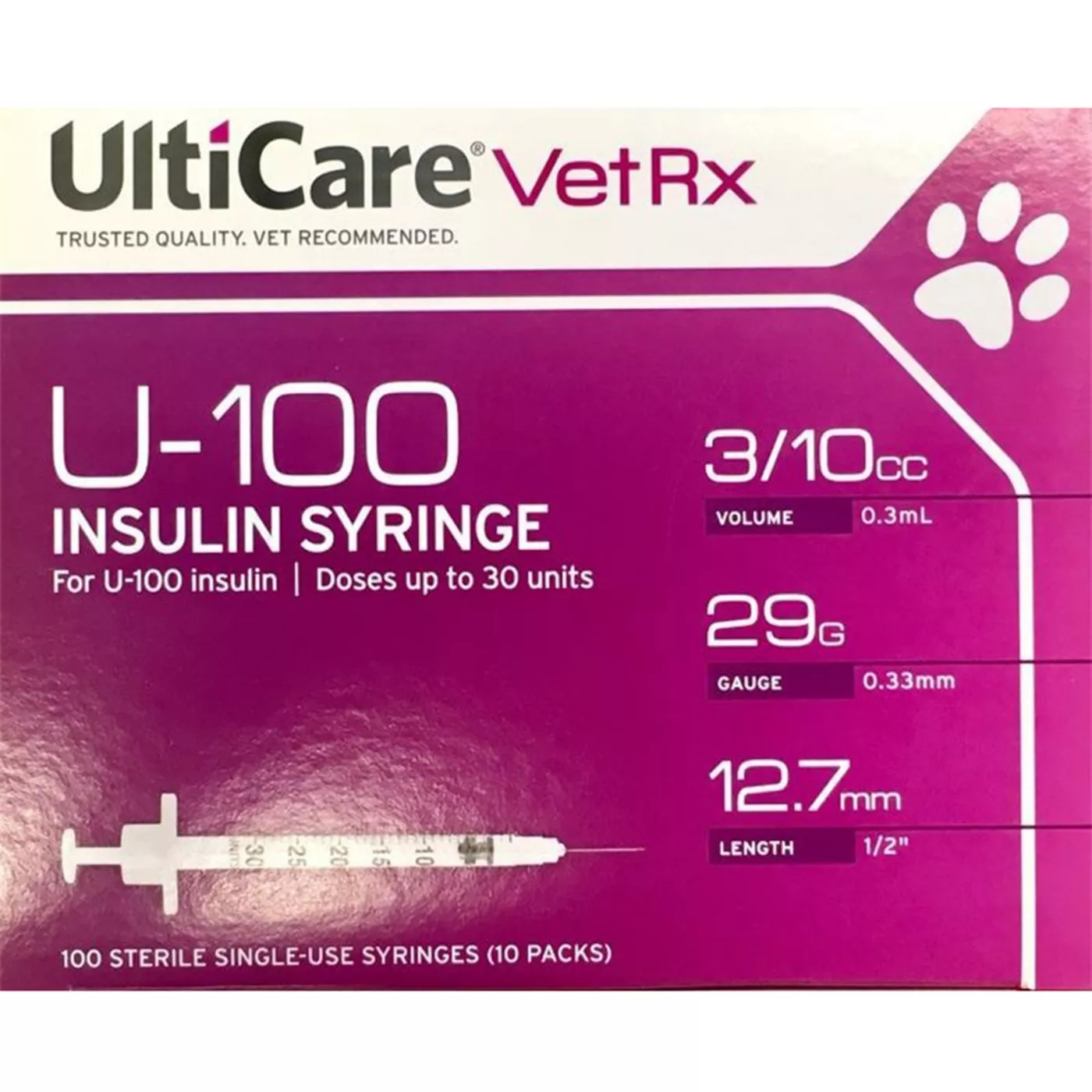 UltiCare U-100 Insulin Syringes 29g - Box of 100 Needle 1/2 inch