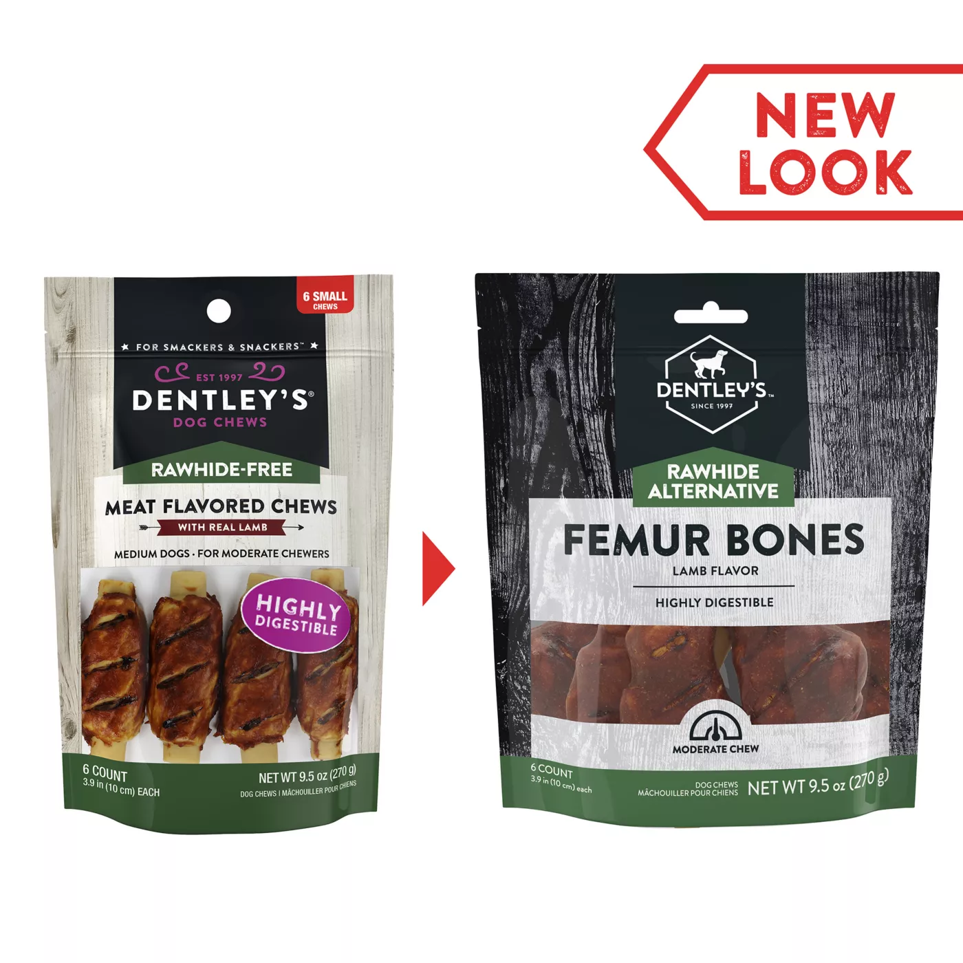 Dentley's Rawhide Alternative Femur Bones Lamb Flavor 6 Count 9.5 OZ