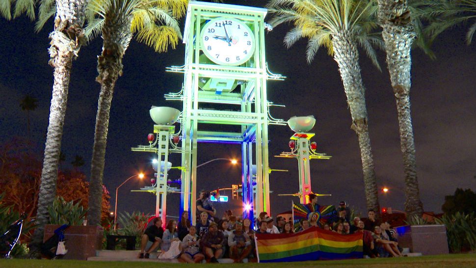 Garden Grove Lights Historic Clock Tower With Rainbows for Pride Month