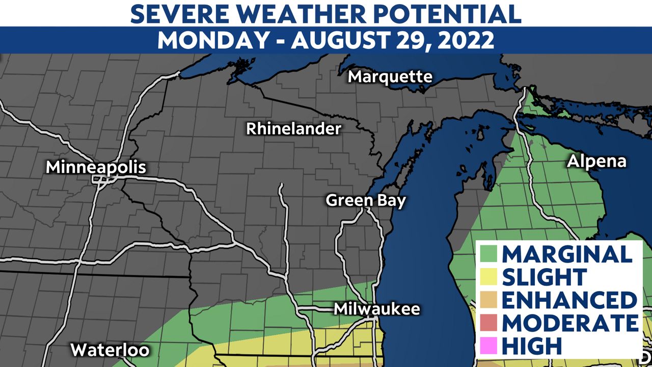 Strong thunderstorms will skirt the border Monday afternoon