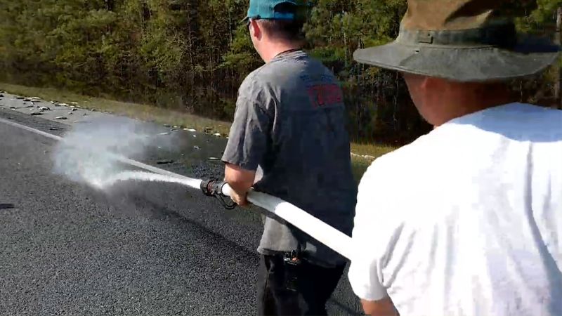 Pender County firefighters clean fish off I-40