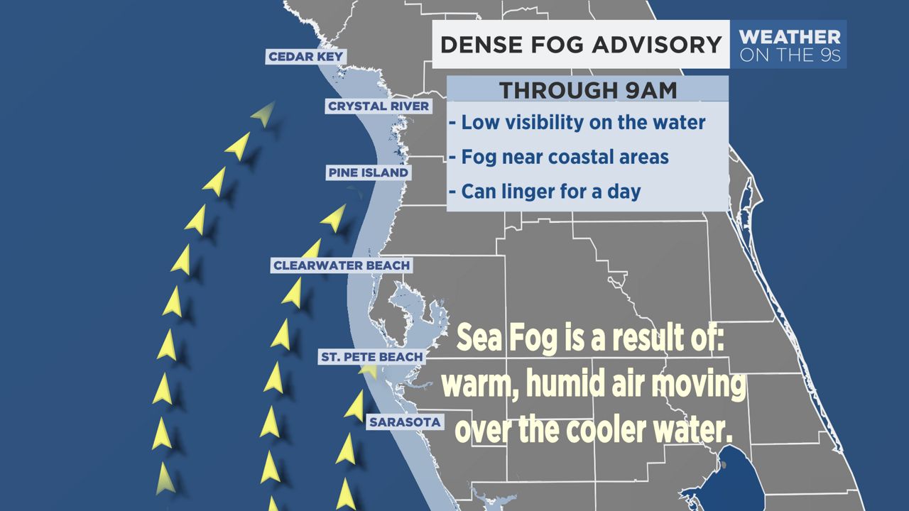 Sea fog hugging the Tampa Bay coast on Tuesday
