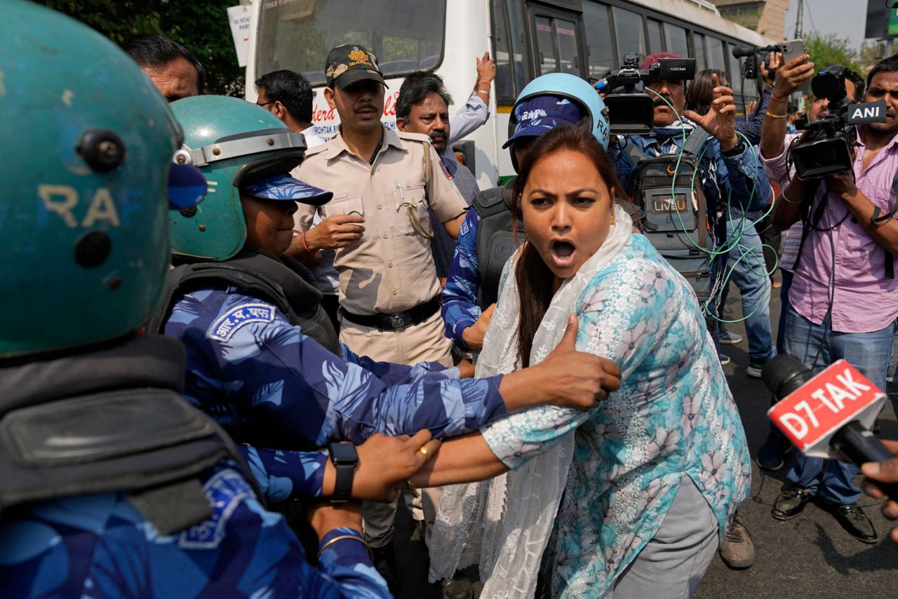 Supporters of arrested Indian opposition politician protest in New Delhi Supporters of arrested Indian opposition politician protest in New Delhi