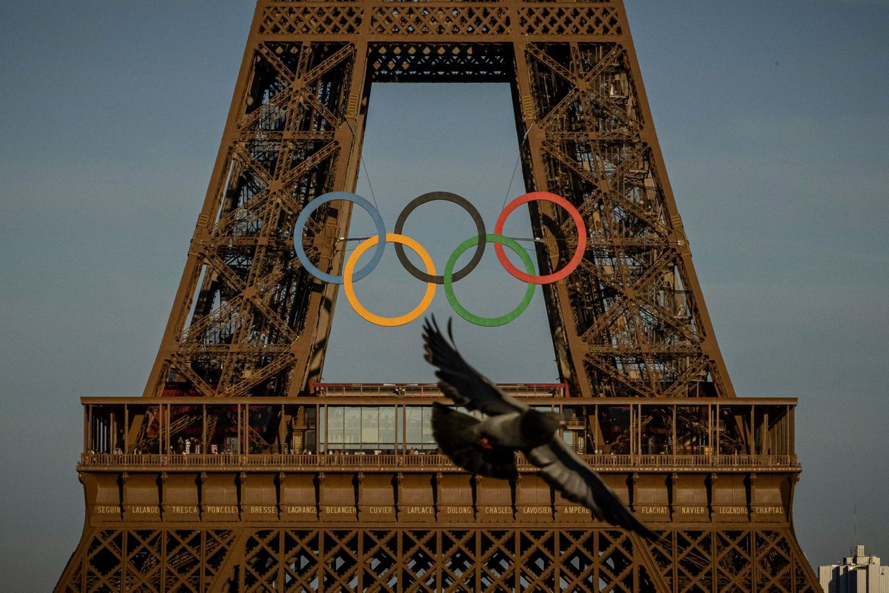 Paris Olympics organizers unveil a display of the five Olympic rings ...