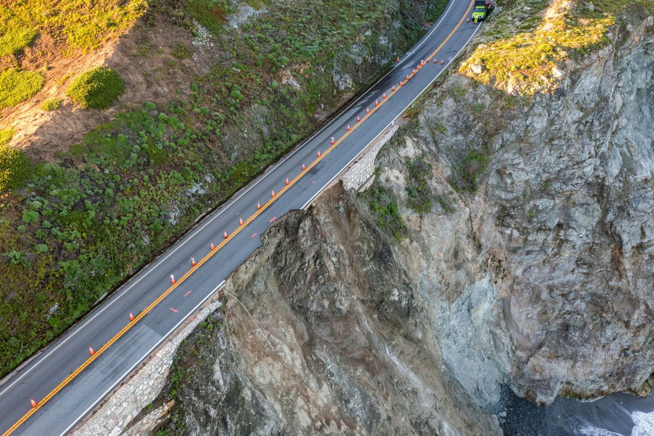 Motorists creep along 1 lane after part of California's iconic Highway ...