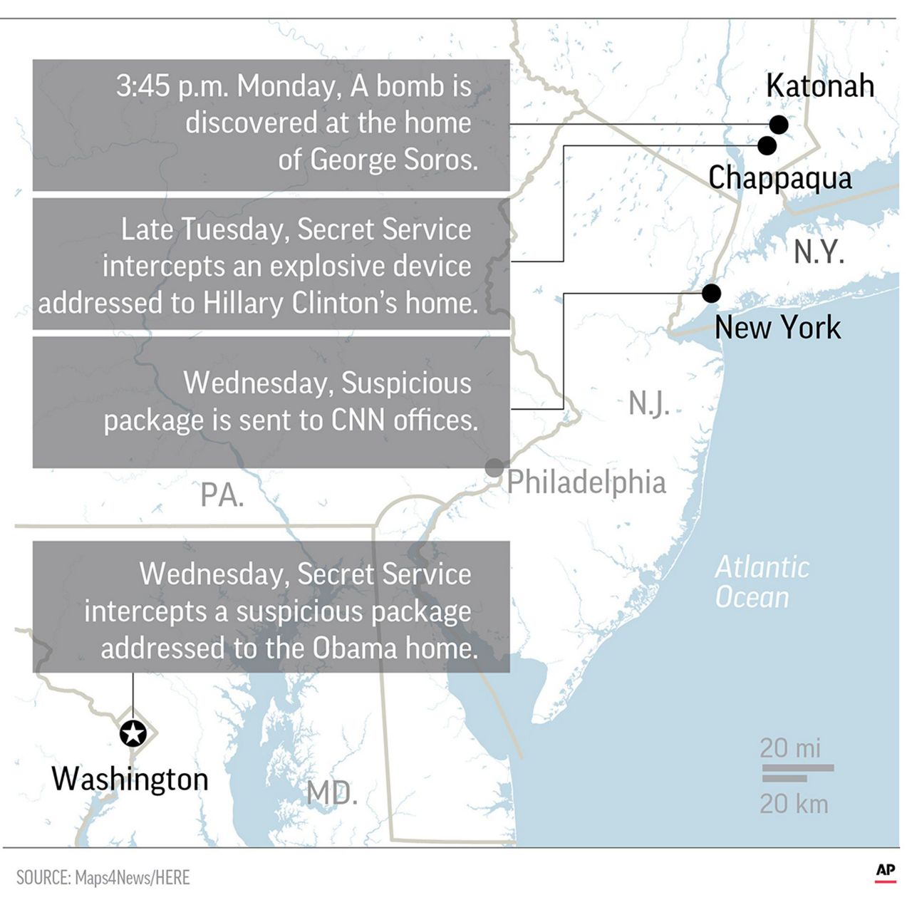 The Latest: Trump claims he's being blamed for mail bombs