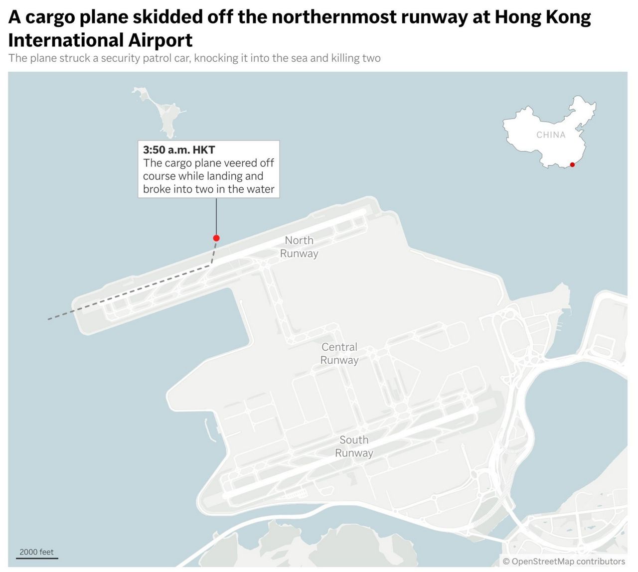 A cargo aircraft skids off a Hong Kong airport runway into the sea ...