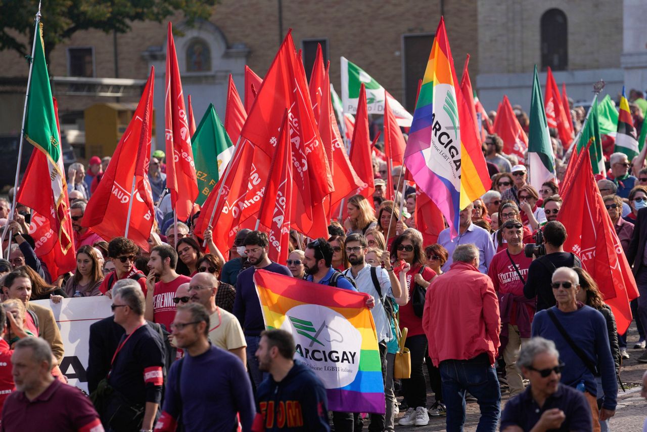 Hundreds of anti-fascists march in Mussolini's birthplace
