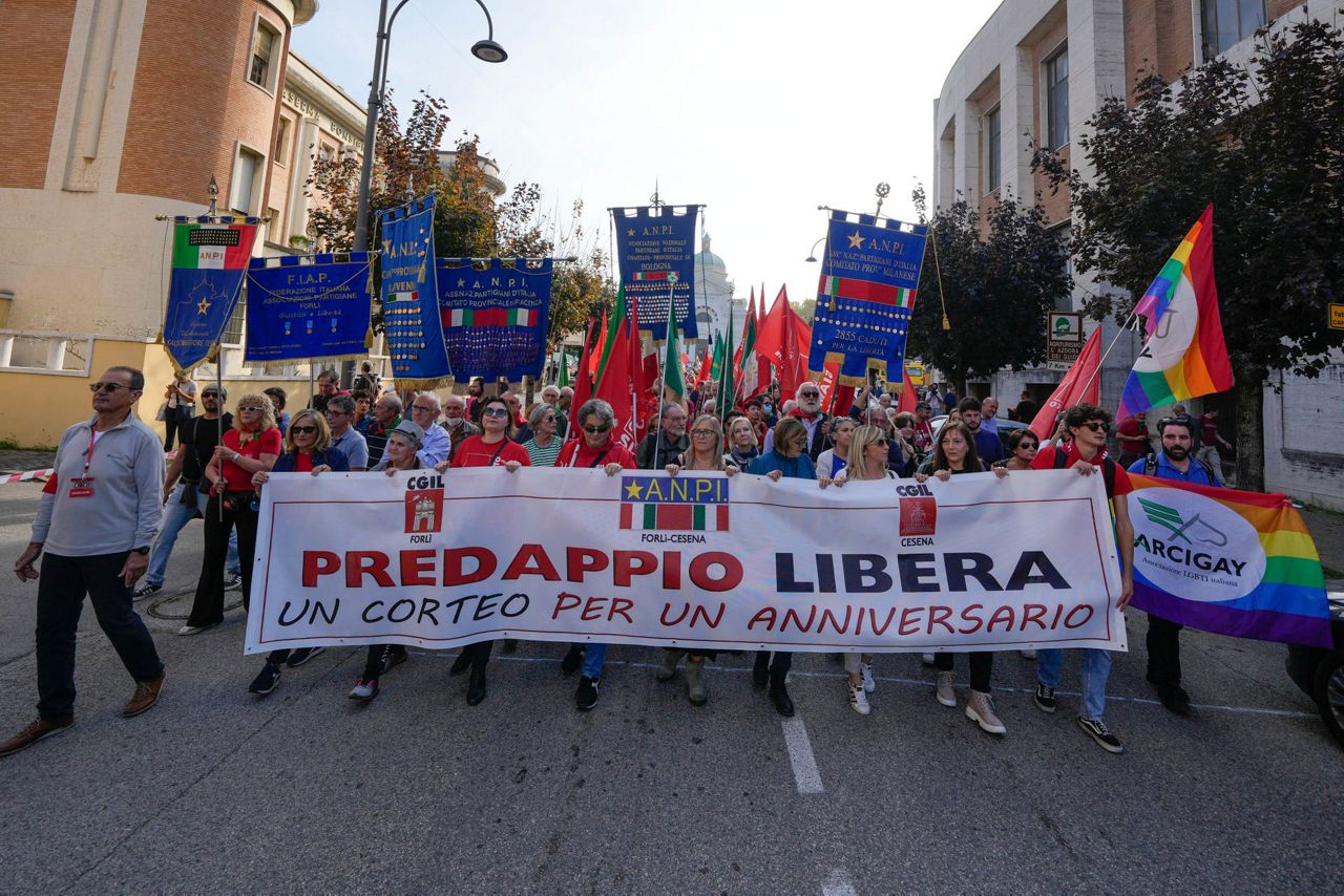 Hundreds of anti-fascists march in Mussolini's birthplace