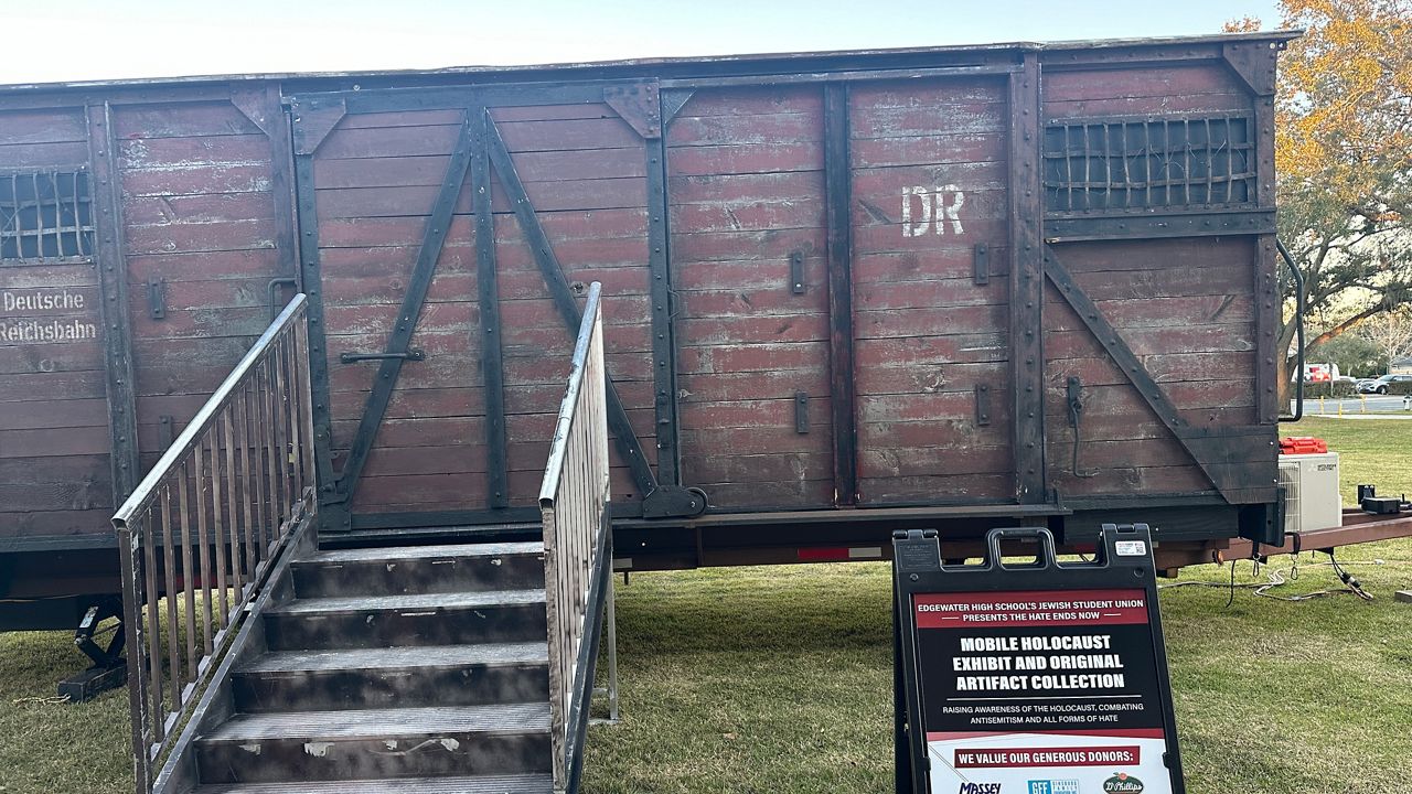 Holocaust cattle car exhibit at Edgewater High School