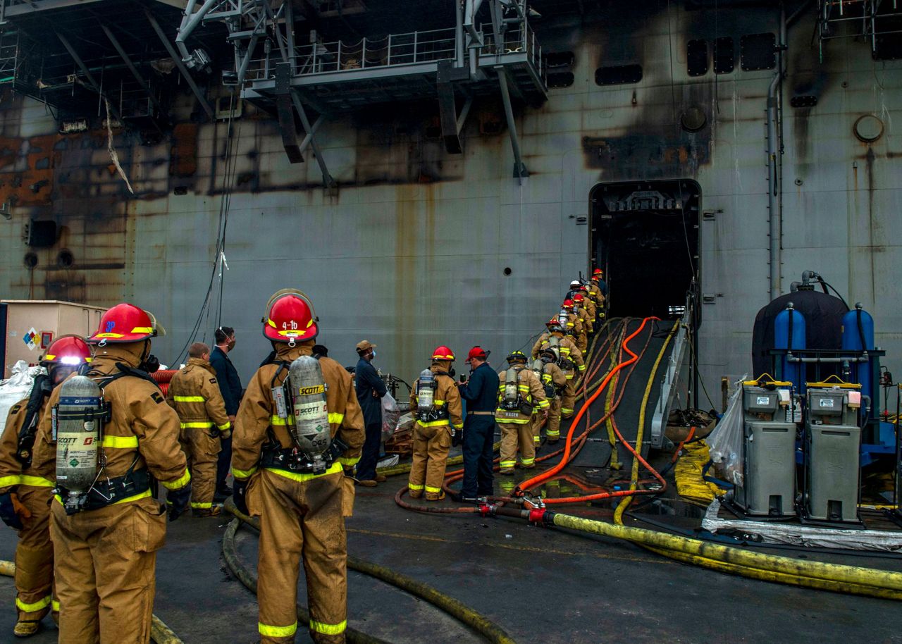 Explosion threat eases at burning Navy warship in San Diego