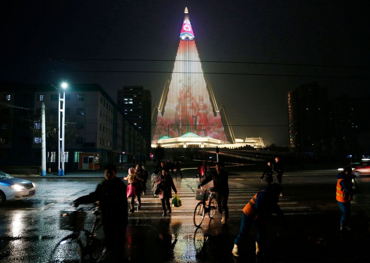 World's tallest empty hotel lit up with N. Korean propaganda