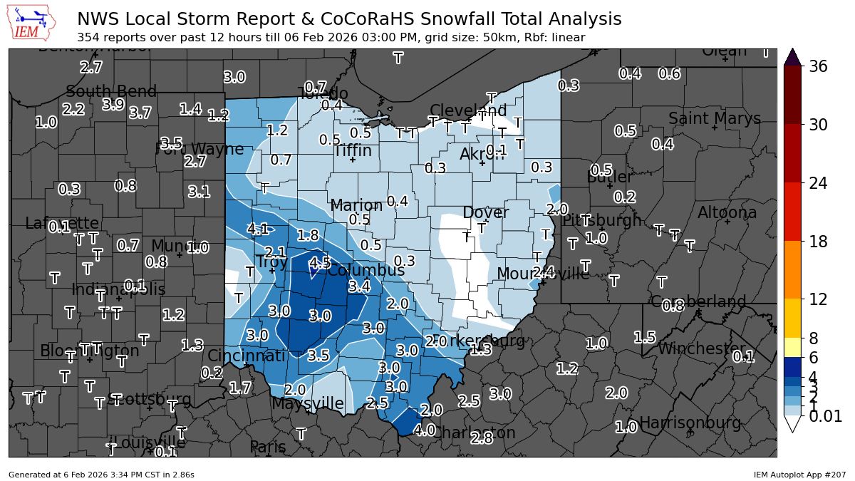 Snowfall reports from across Ohio on Friday