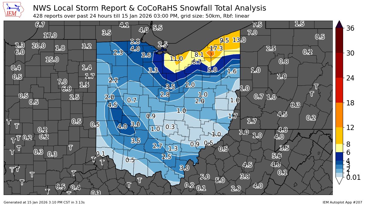 How much snow fell across Ohio