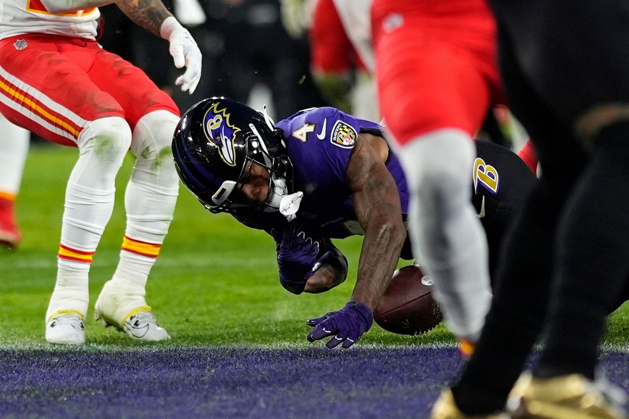 Ravens' Zay Flowers fumbles near the end zone after being flagged for ...