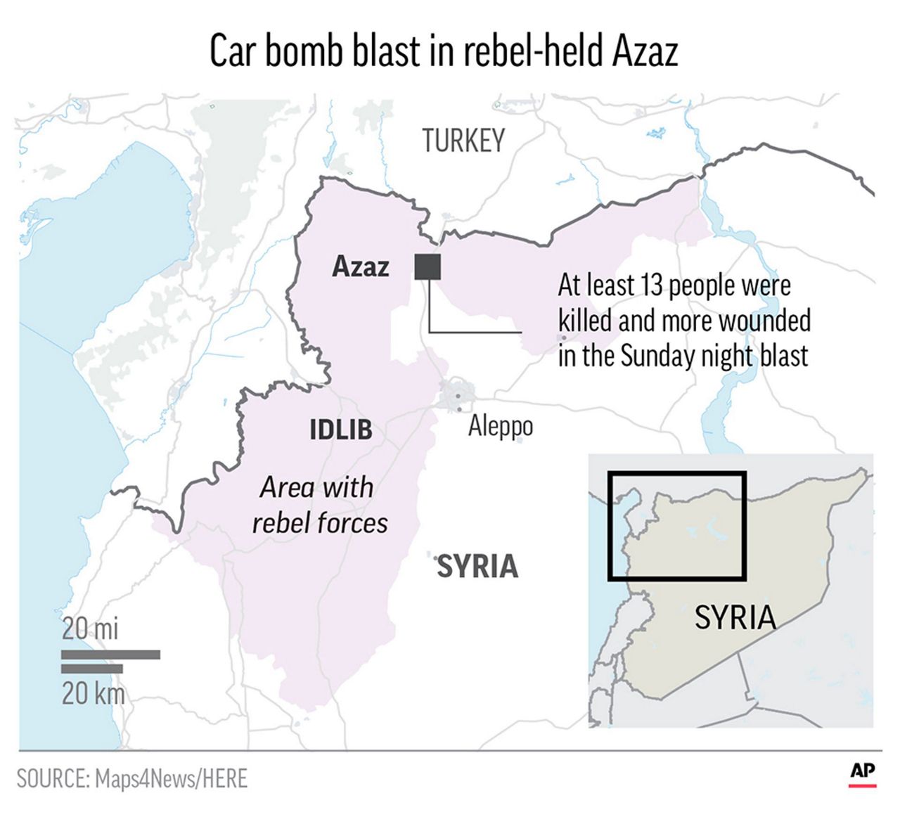 Car bomb in rebel-held northern Syria kills 13 people