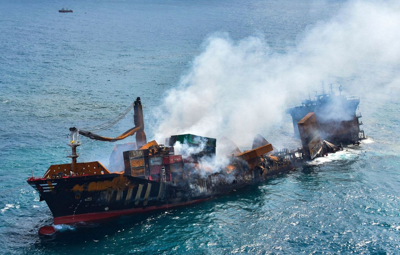 Fire-stricken container vessel sinking off Sri Lanka port