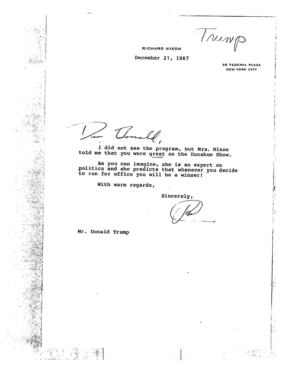 Dear Donald, Dear Mr. President: A Trump-Nixon '80s tale