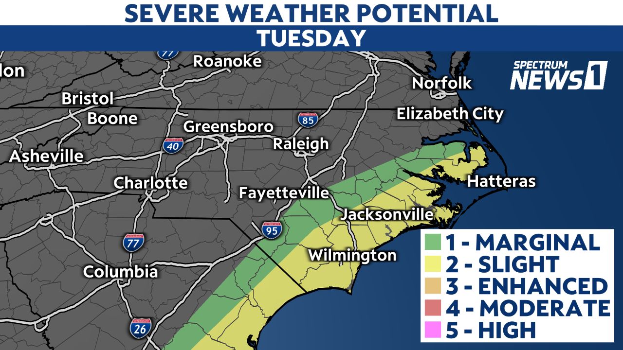 Severe Storms Possible Tuesday Afternoon in Eastern North Carolina