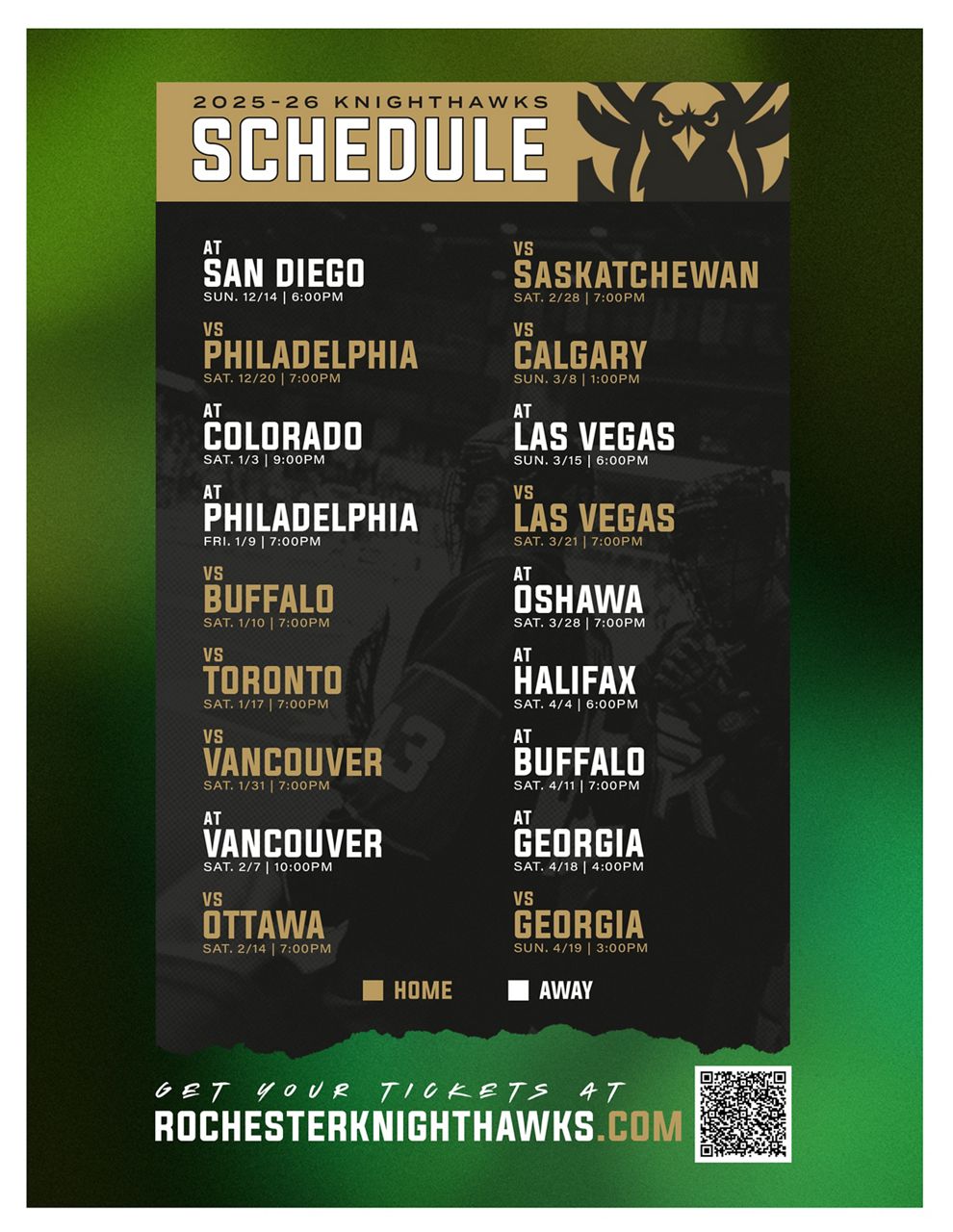 Rochester Knighthawks announce schedule for 2025-26 season