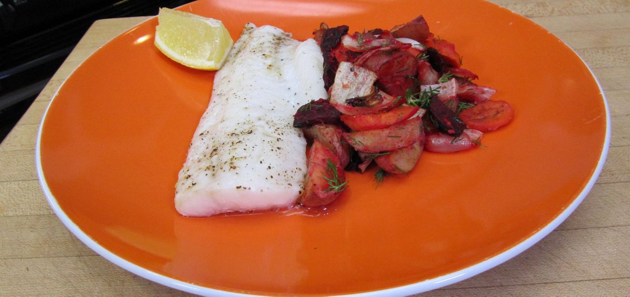 Baked Codfish with Roasted Root Vegetables