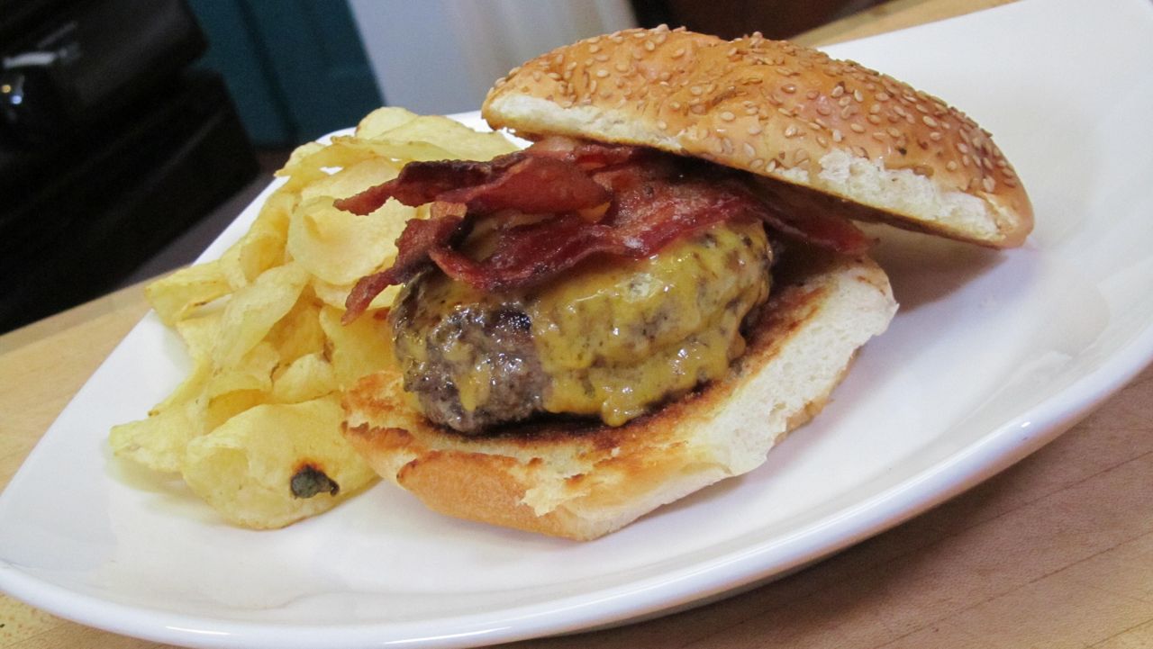 Coffee Rubbed Skillet Burgers with Bacon and Cheddar Cheese