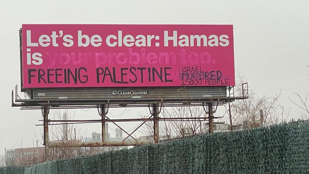 Anti-Hamas billboard vandalized along I-290 in Worcester