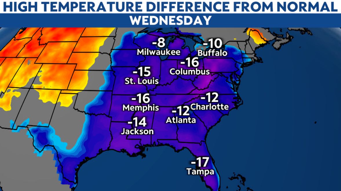 Widespread chill continues Wednesday for much of the country