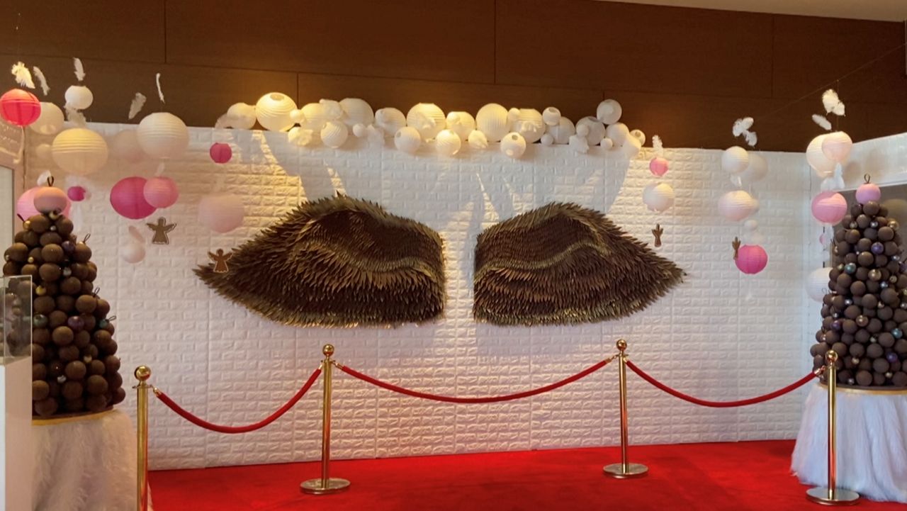Hand-crafted chocolate angel wings in holiday display