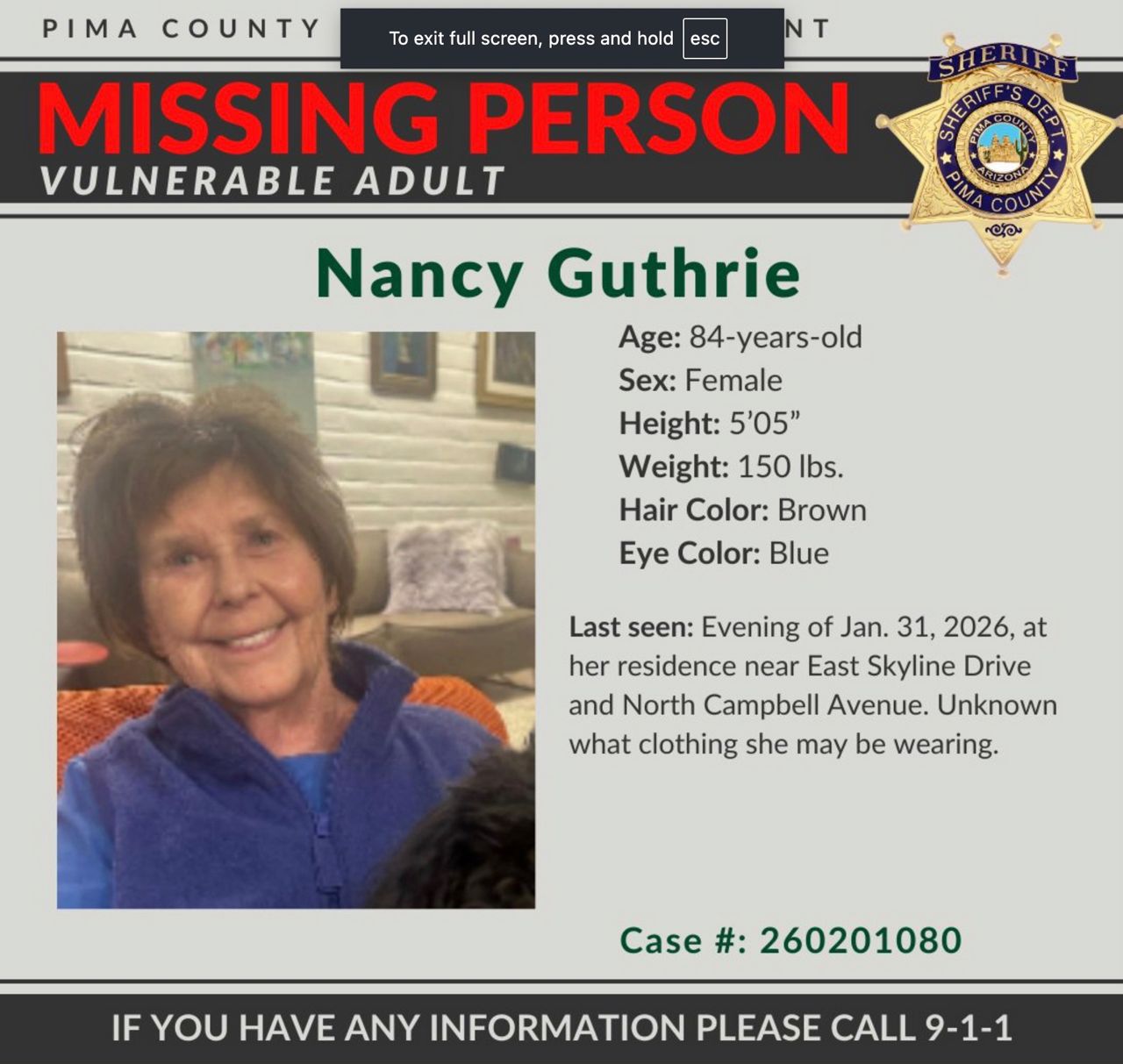Signs of forced entry found at Nancy Guthrie's home