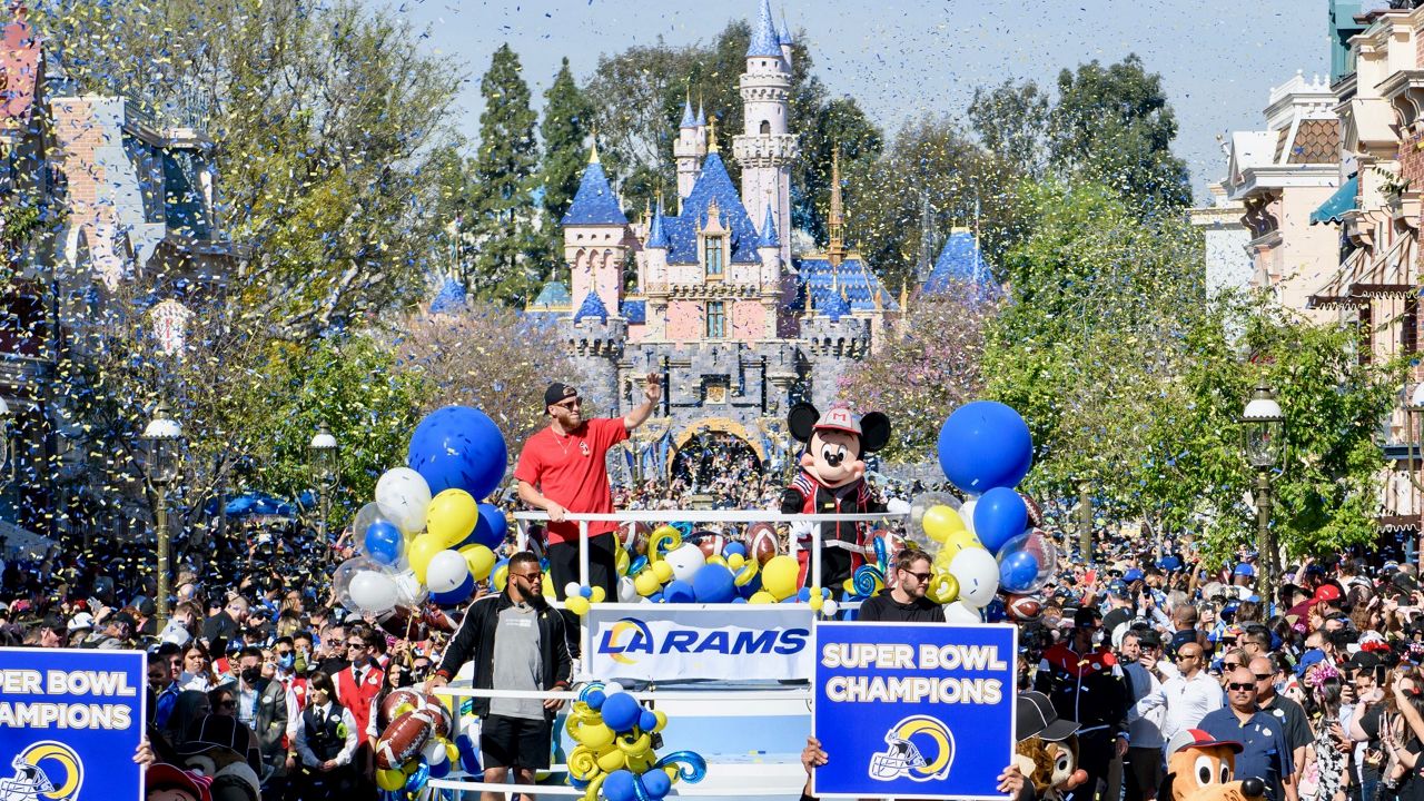 Rams players celebrate Super Bowl win at Disneyland