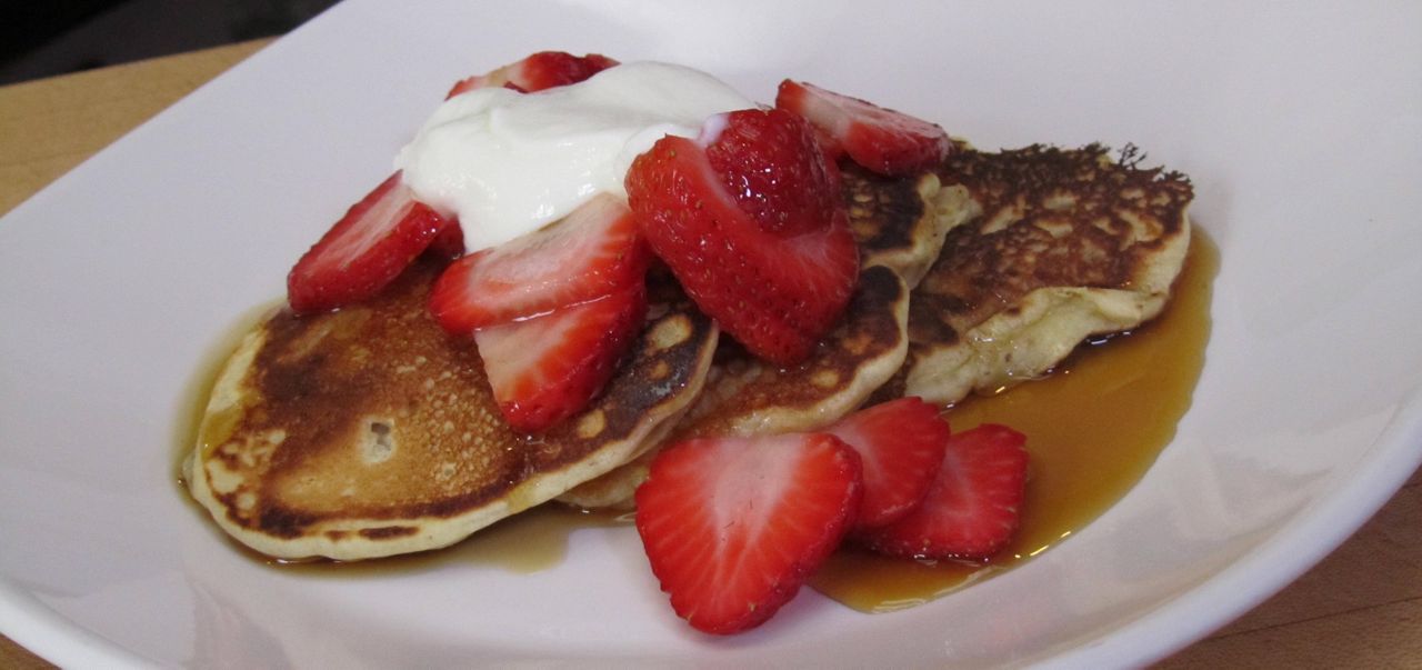 Rhubarb Pancakes with Sliced Strawberries