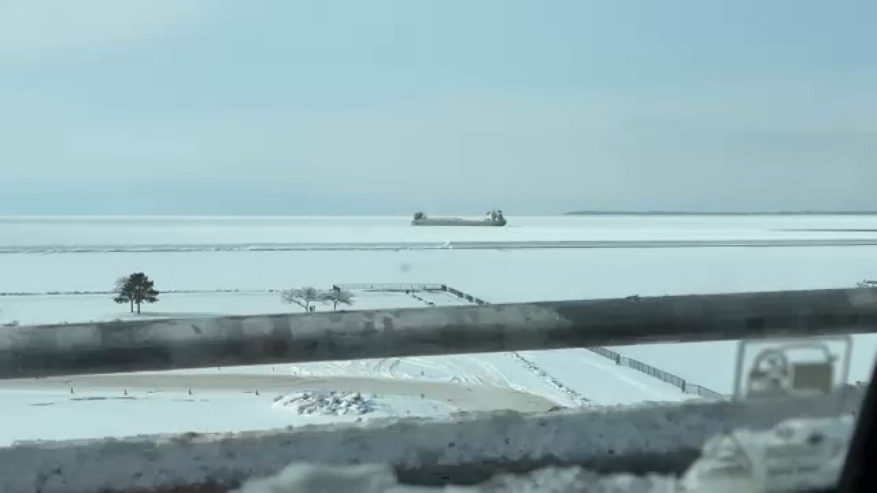 Freighter stuck in Lake Erie ice off Buffalo shoreline