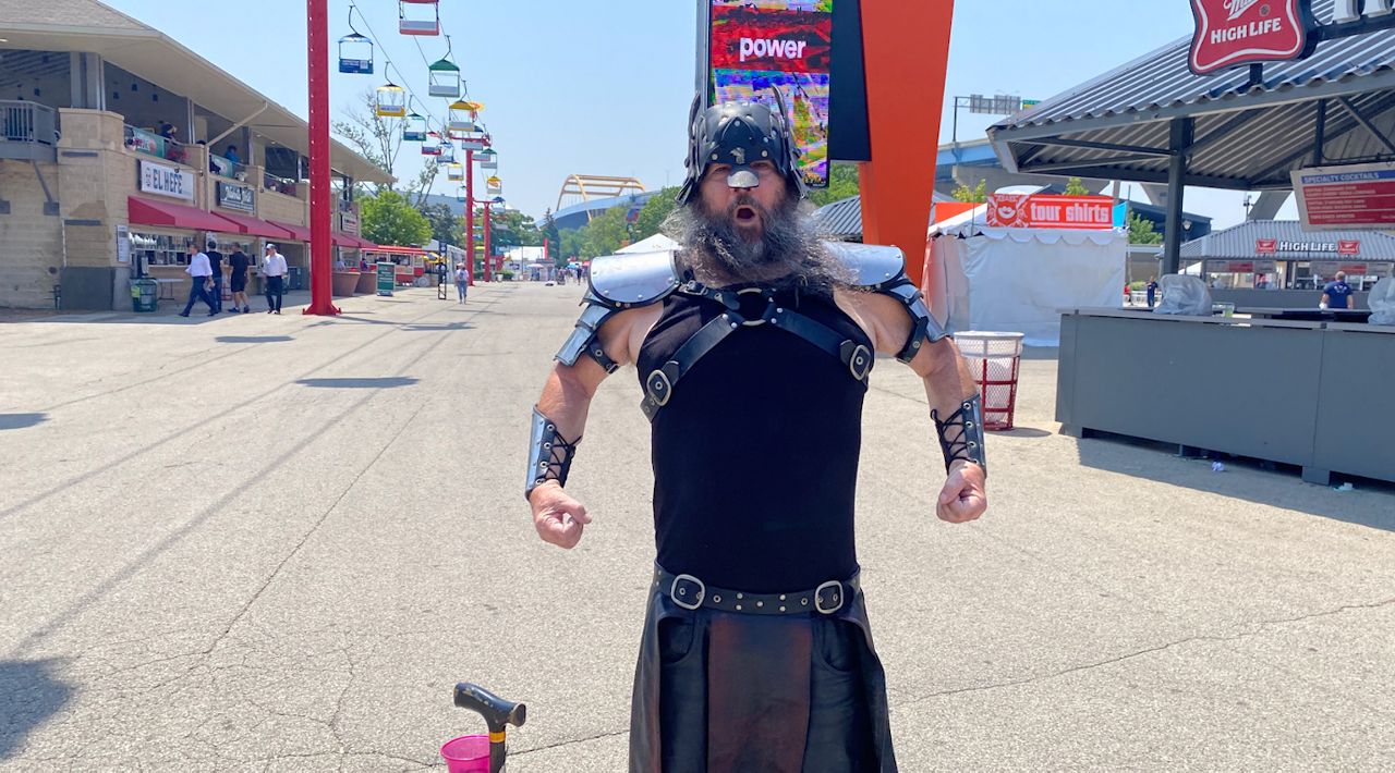Man dressed as Viking striking smiles at Summerfest