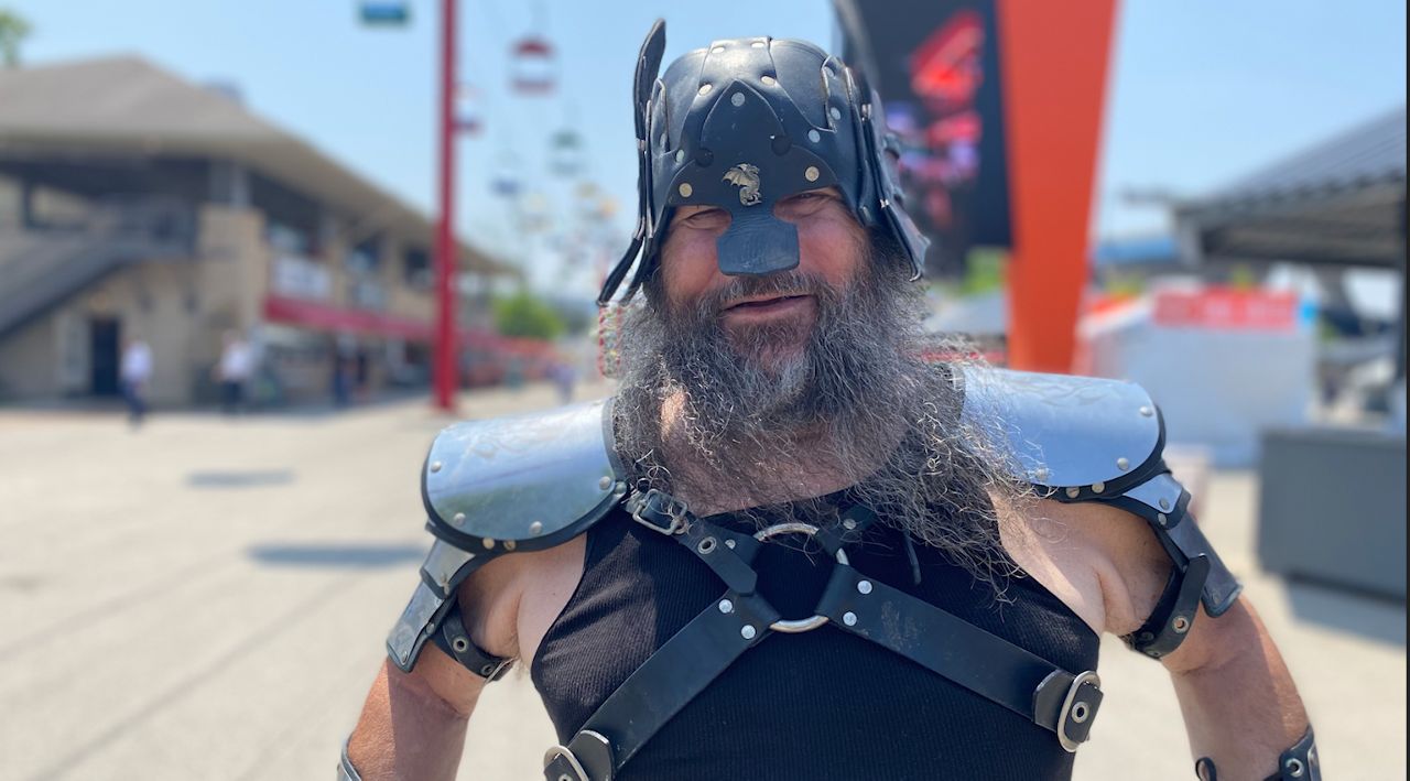Man dressed as Viking striking smiles at Summerfest