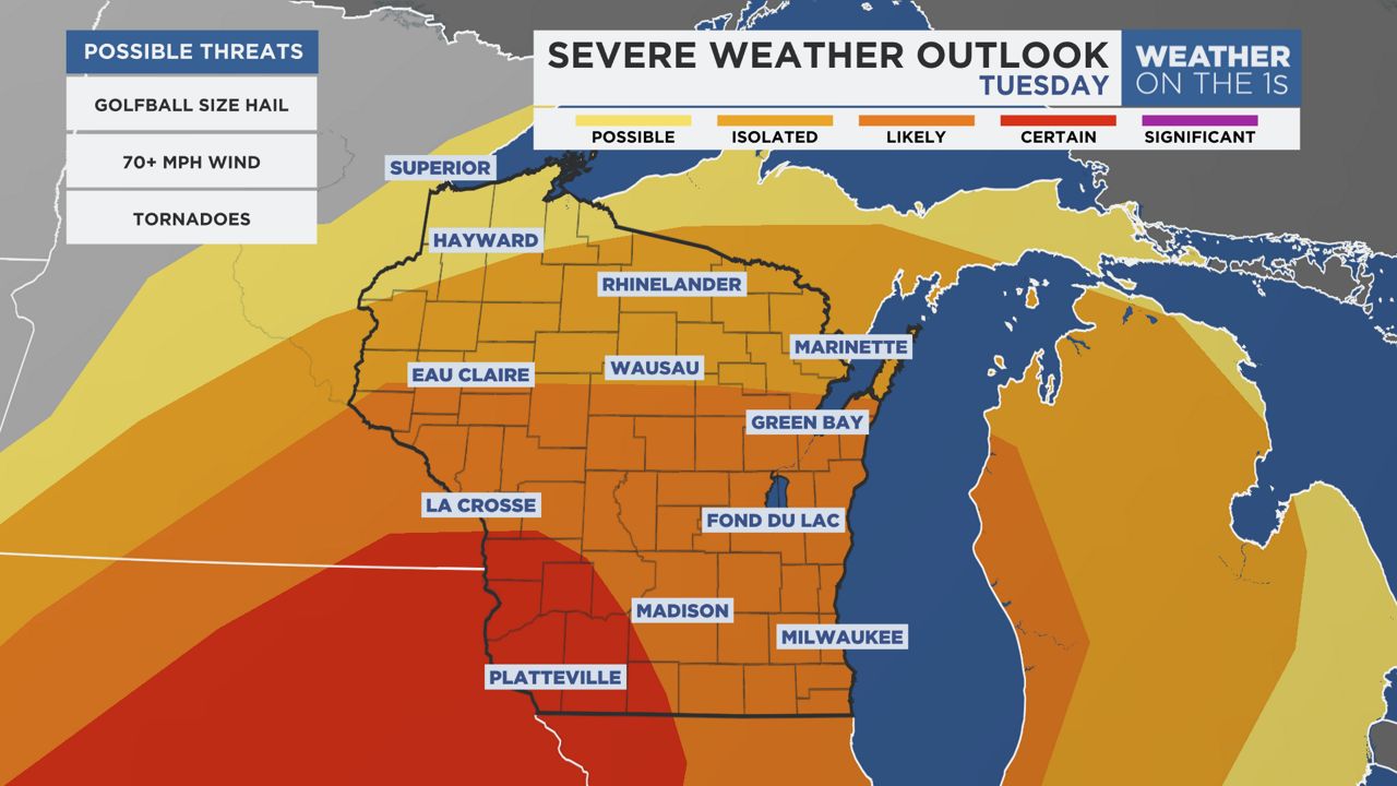 Severe storms likely across Wisconsin on Tuesday