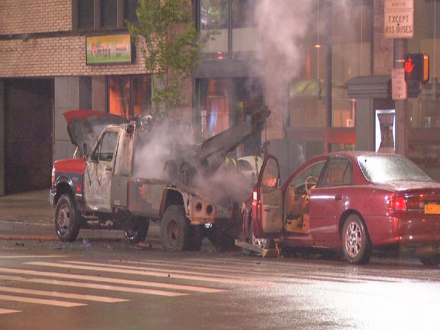 VIDEO: Tow Truck Goes Up in Flames While Towing Away Car