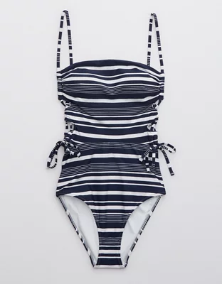 Aerie Printed Lace Up Bandeau One Piece Swimsuit
