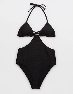 Aerie Jacquard Cut Out String One Piece Swimsuit