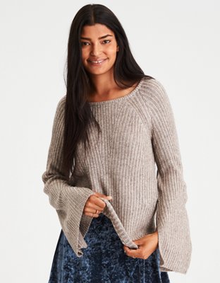 AE Split-Bell-Sleeve Ribbed Sweater