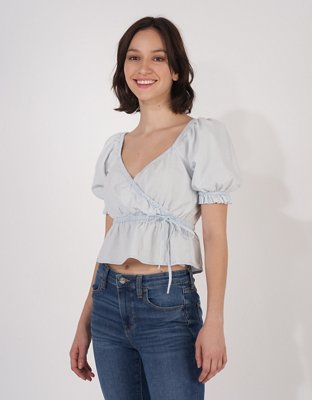 AE Crop Top con mangas abombadas de denim | AE