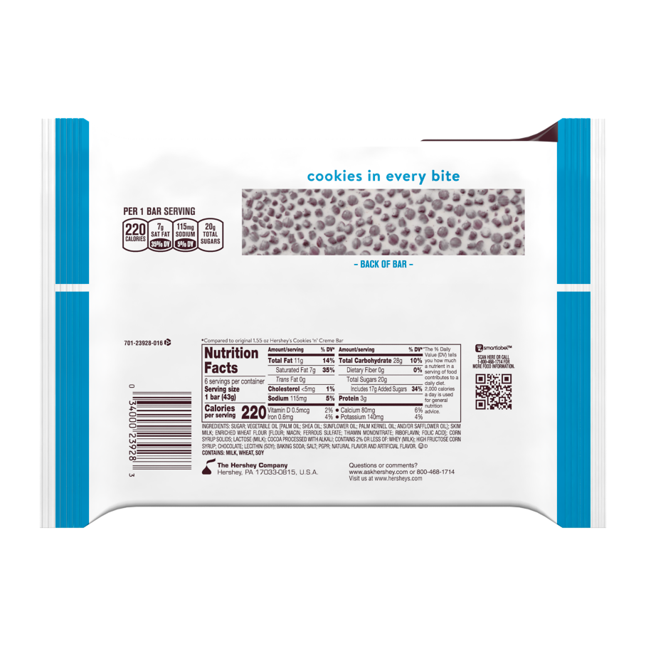 HERSHEY'S Cookies ‘N’ Creme Candy Bars, 9.3 oz, 6 pack