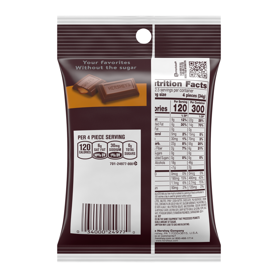 HERSHEY'S Zero Sugar Caramel Filled Chocolate Candy, 3 oz bag