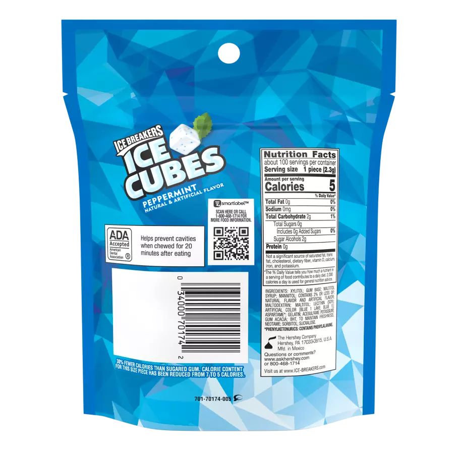 ICE BREAKERS ICE CUBES Peppermint Sugar Free Gum, 8.11 oz bag, 100 pieces