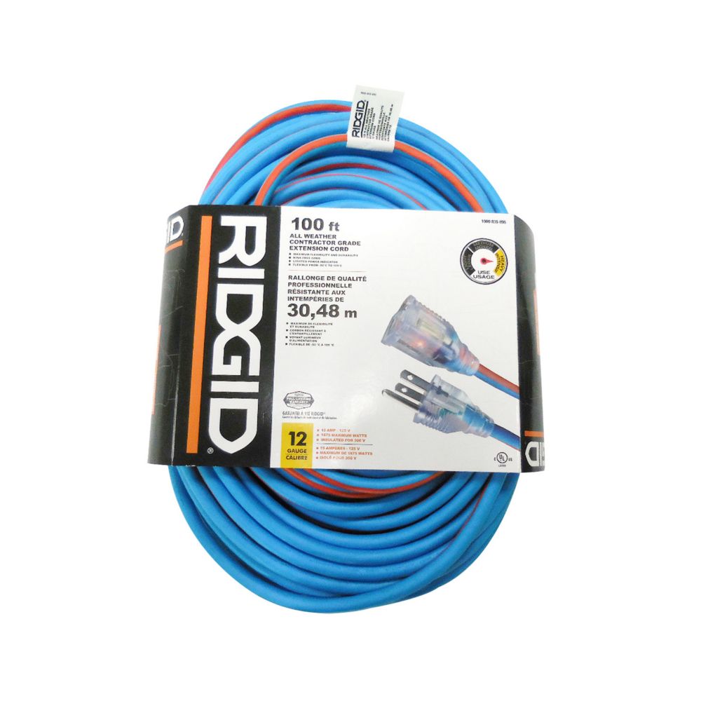 RIDGID 100 Feet All Weather Contractor Grade Extension Cord 12 Gauge ...