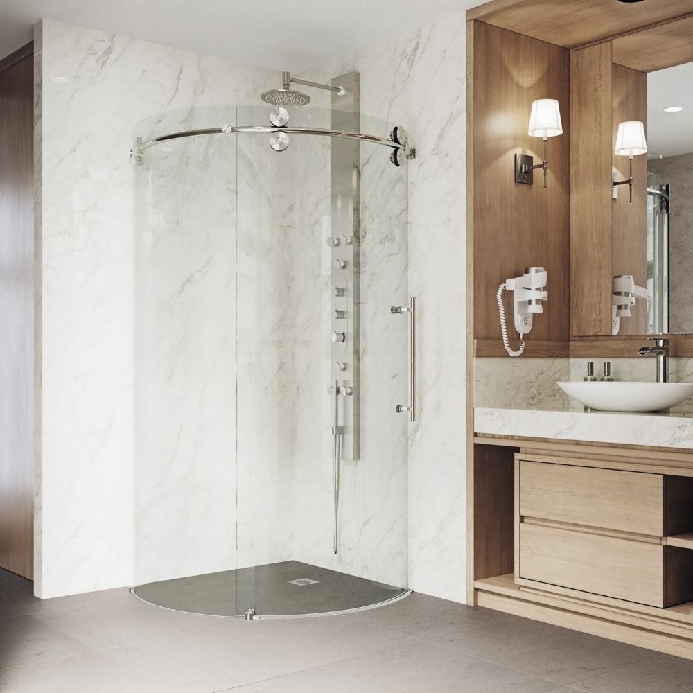 VIGO Sanibel 38 inch x 74.625 inch Frameless Corner Bypass Round Shower ...