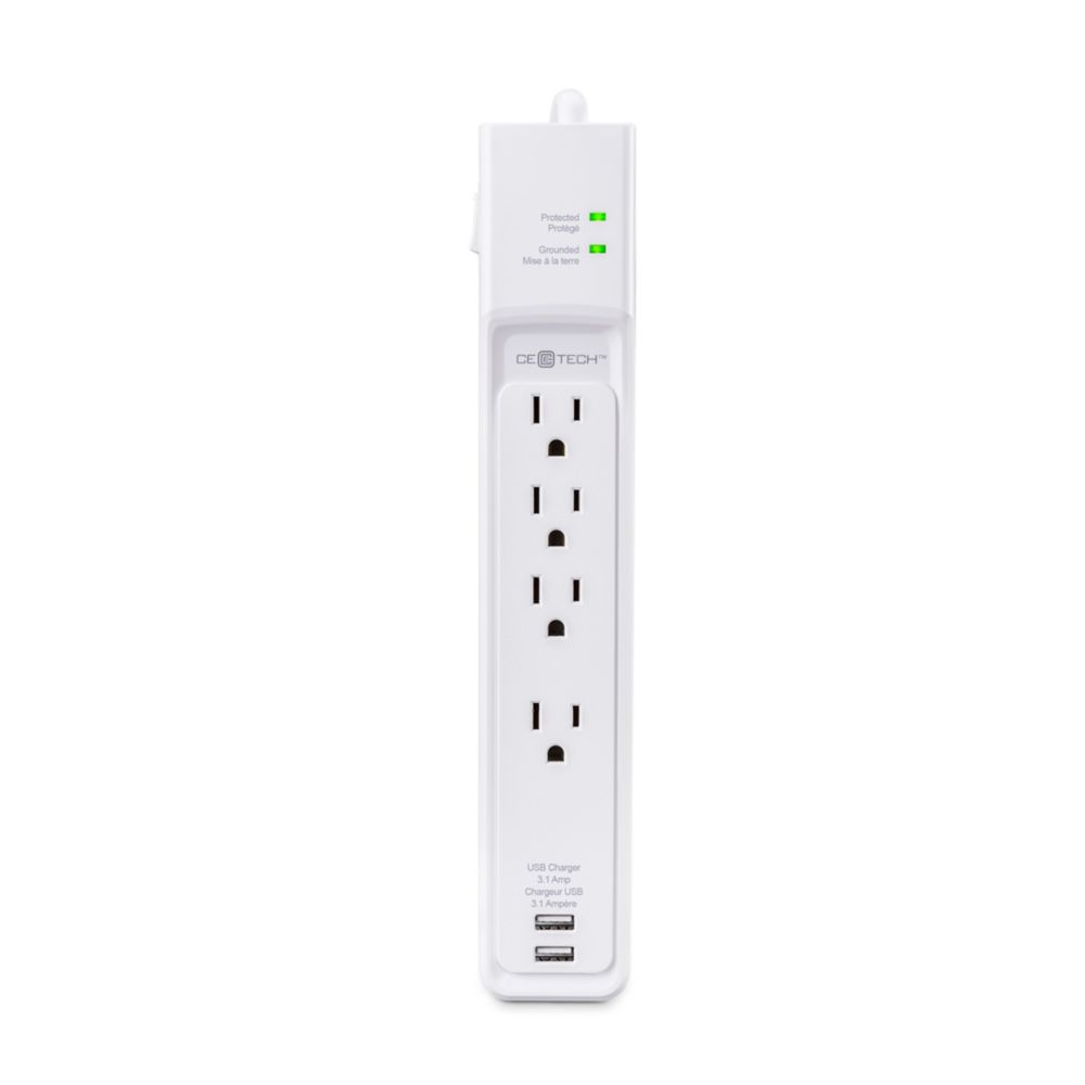 Commercial Electric 4 ft. 4-Outlet Surge Protect USB Power Bar in White ...