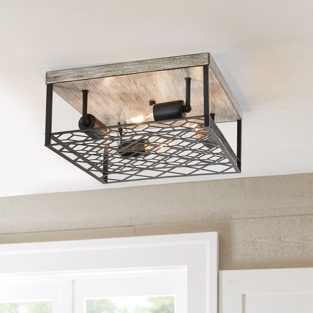 Home Decorators Collection 4-Light Black Metal & Faux Wood Square Cage ...