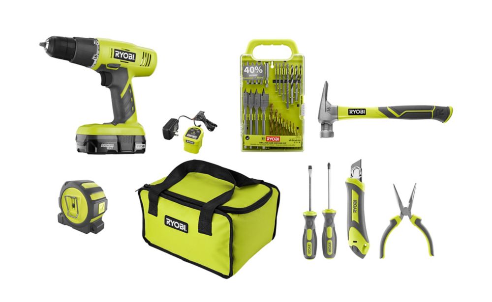 RYOBI 18V One+ Home Owner Starter Kit w/ 18V Drill/Driver & 18V Battery ...
