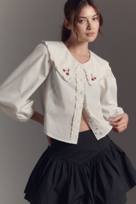 Long-Sleeve Collared Ruffle-Front Blouse | Nuuly